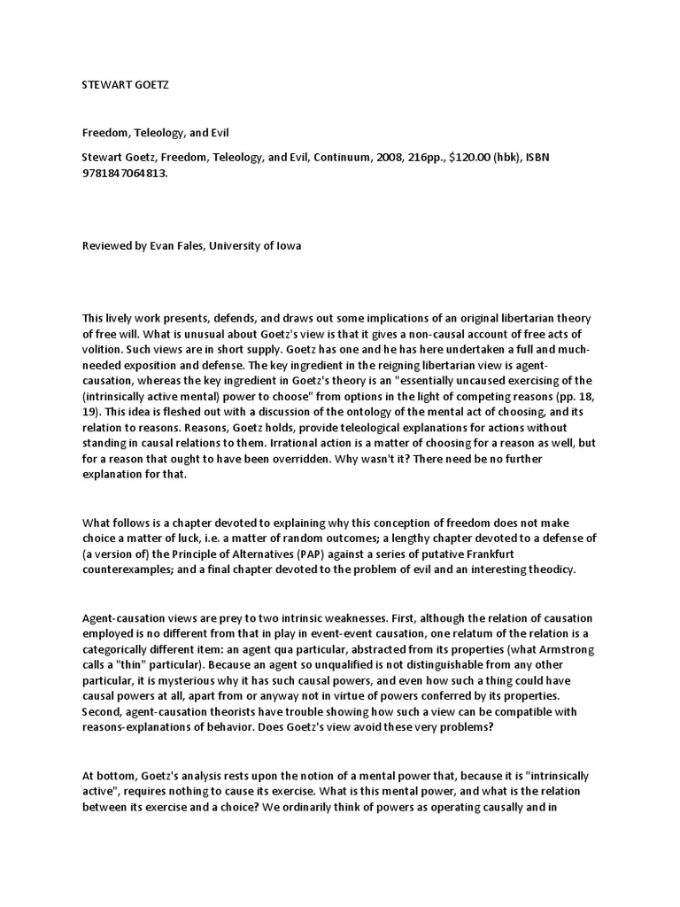 Freedom Teleology and Evil by Stewart Goetz | PDF | Free Will | Causality