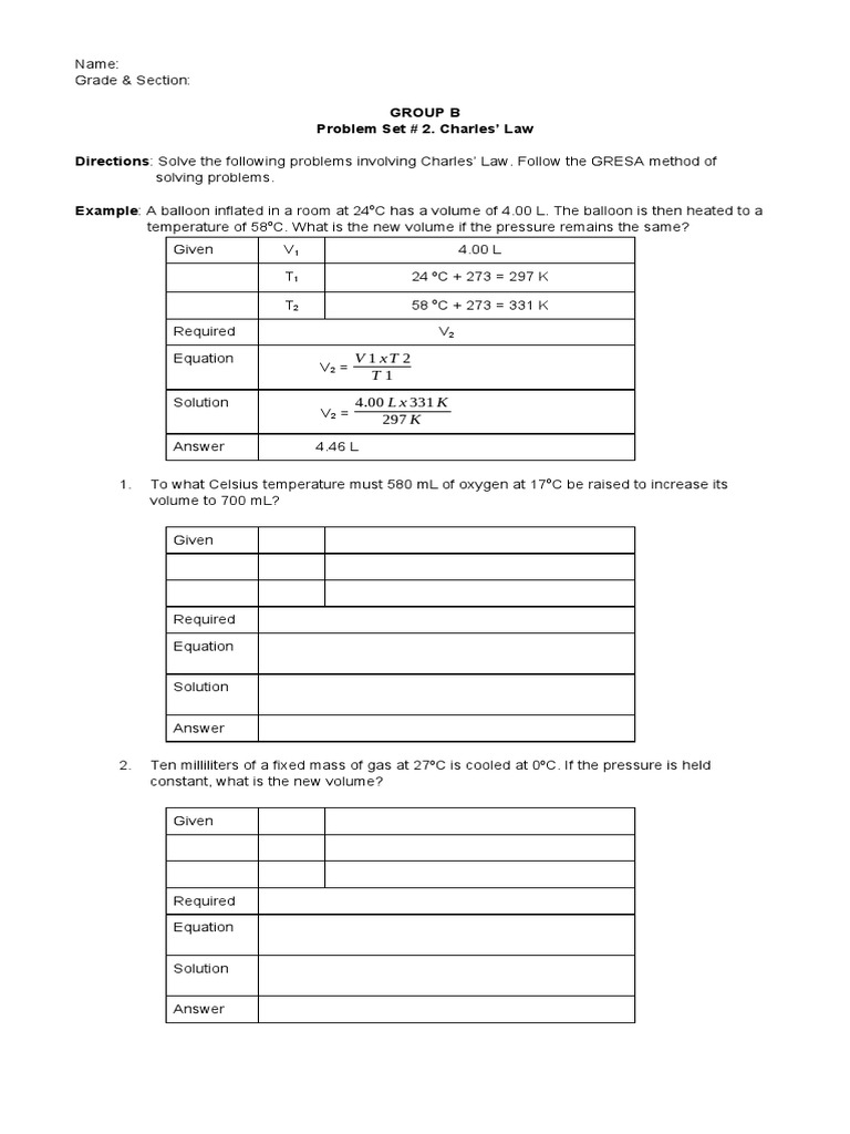 Charles' Law Problem Set Answers | PDF