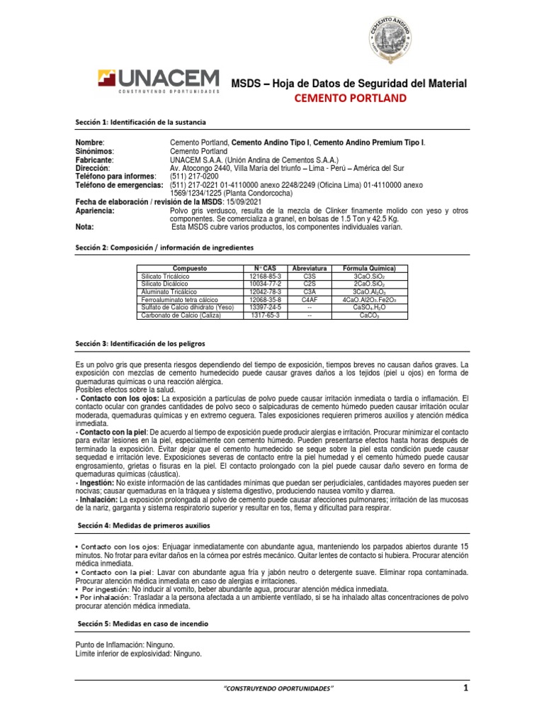 Cemento Portland Andino Tipo I | PDF | Cemento | Agua