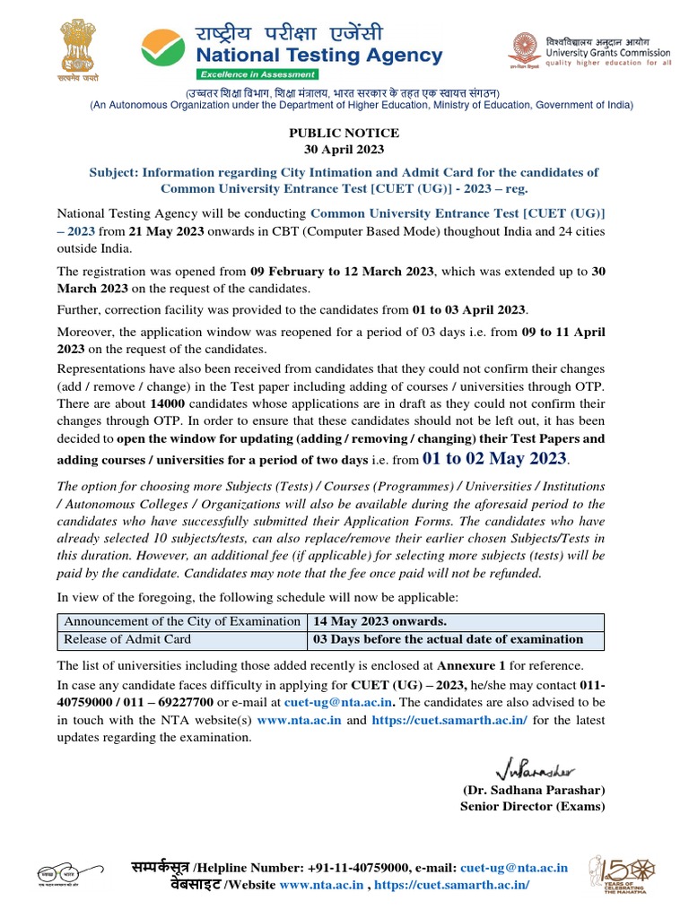 CUET (UG) 2023 Admit Card Notice | PDF | Delhi