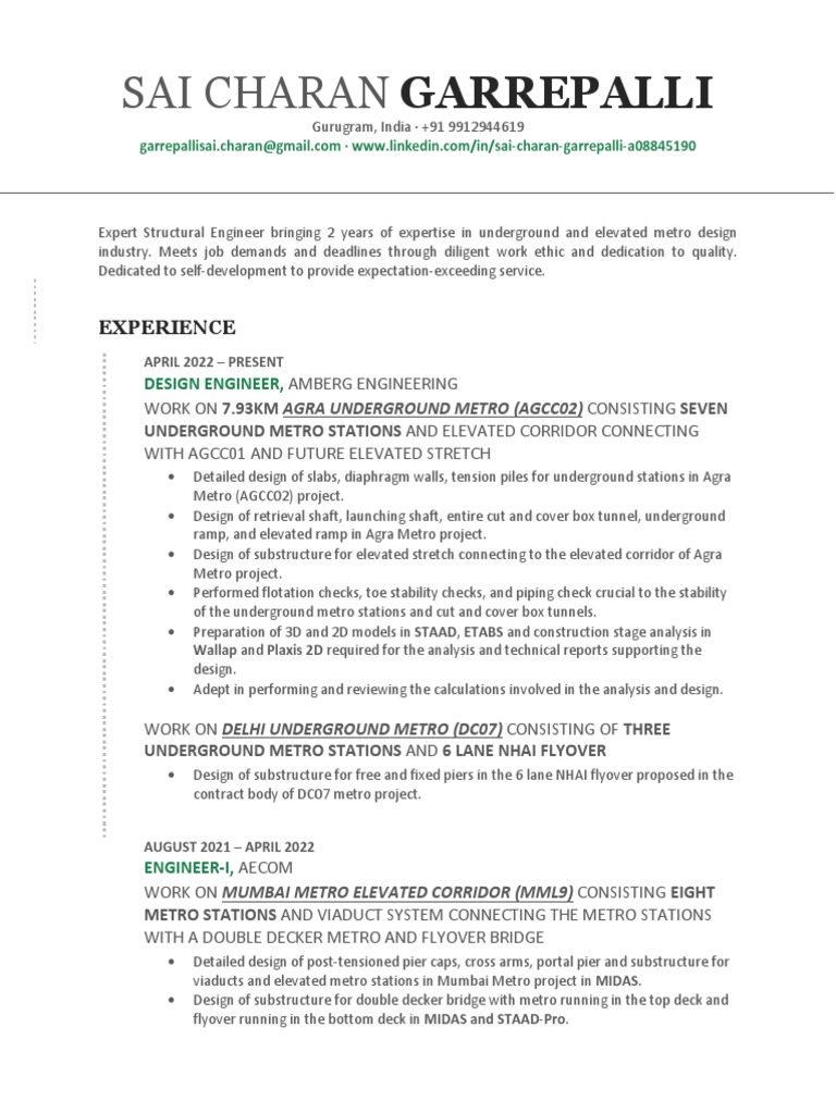 SAI CHARAN GARREPALLI_CV_STRUCTURAL ENGINEER.pdf | PDF | Civil Engineering | Engineering