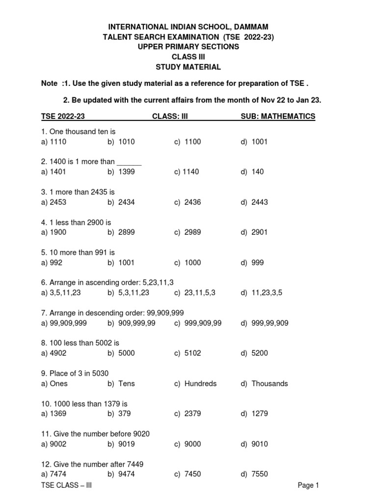 Grade 3 TSE Mathematics Quiz 2022-23 | PDF