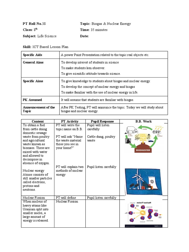 Biogas & Nuclear Energy Lesson Plan for 8th Class | PDF | Nuclear ...