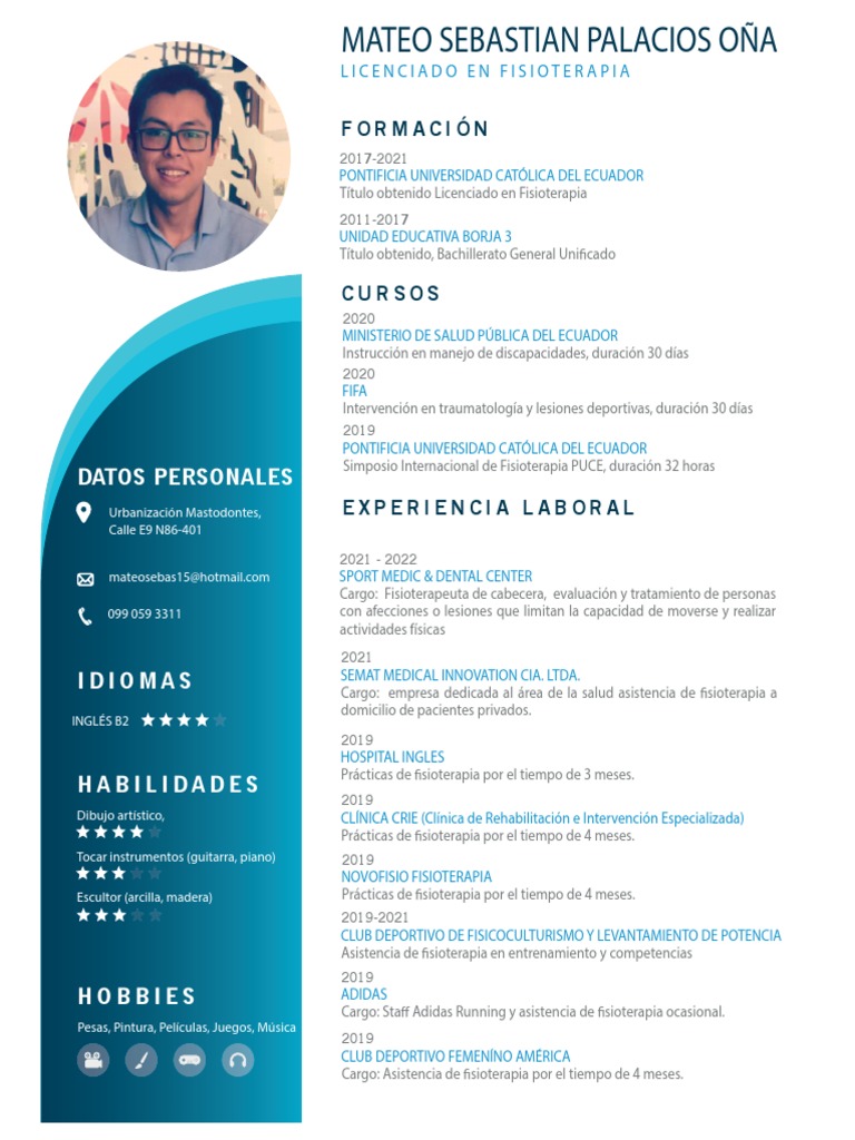 Hoja de Vida Mateo Palacios | PDF | Terapia física | Cuidado de la salud