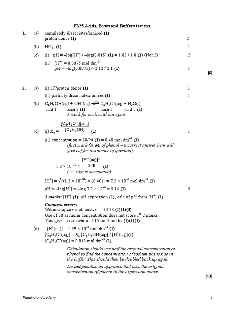 F325 Acids, Bases and Buffers Test Ms | PDF | Buffer Solution | Ph