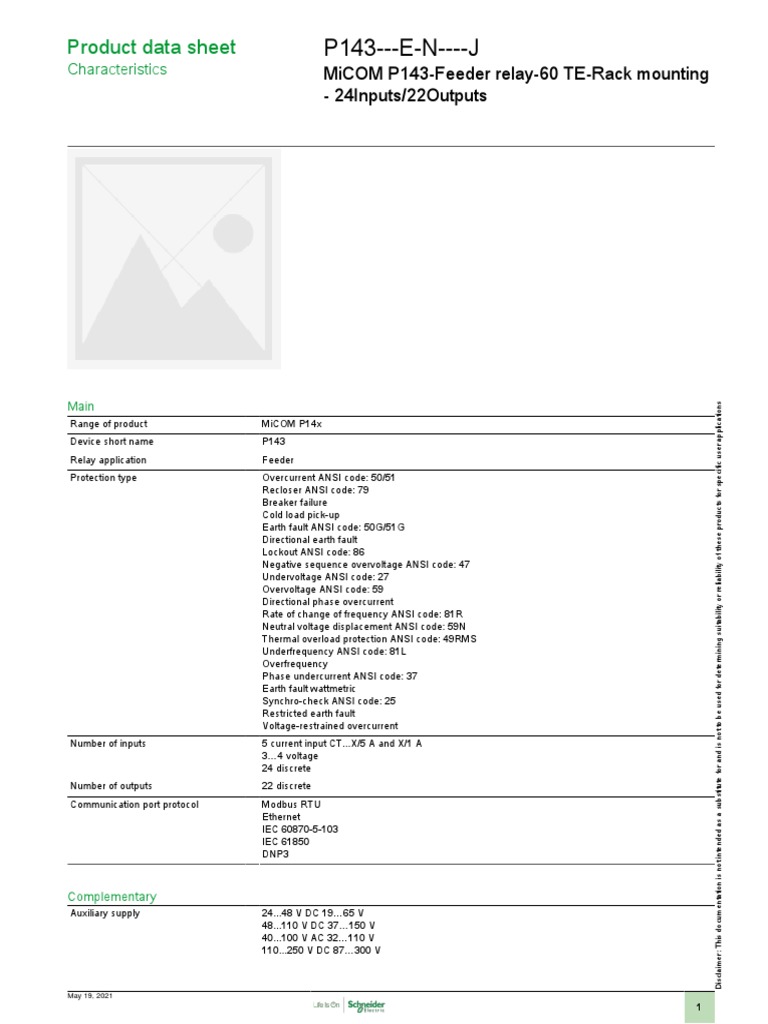 Datasheet Easergy MiCOM P14x_P143---E-N----J | PDF | Power Supply | Equipment