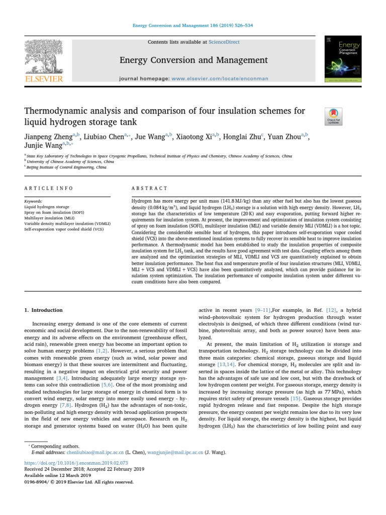 Thermodynamic Analysis and Comparison of Four Insulation Schemes For Liquid Hydogen Storage Tanl ...