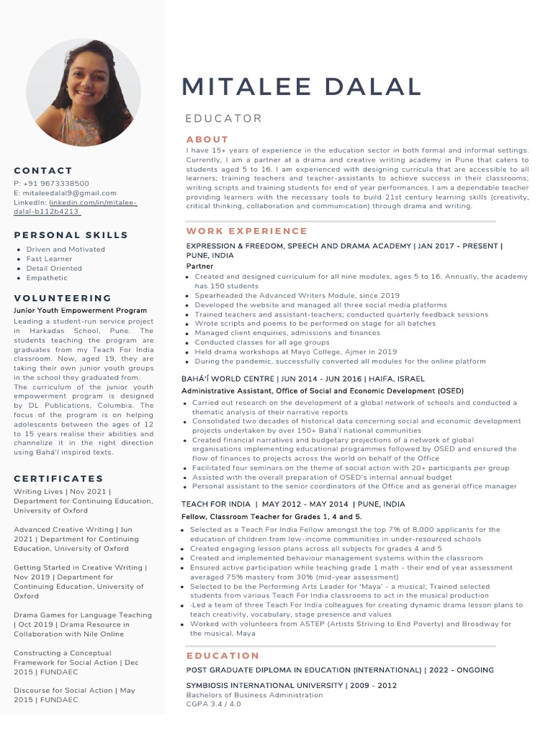 Mitalee Dalal CV, 2023 PDF | PDF | Teachers | Curriculum