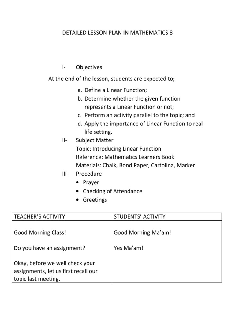 Linear Functions Lesson Plan for Grade 8 | PDF | Function (Mathematics ...