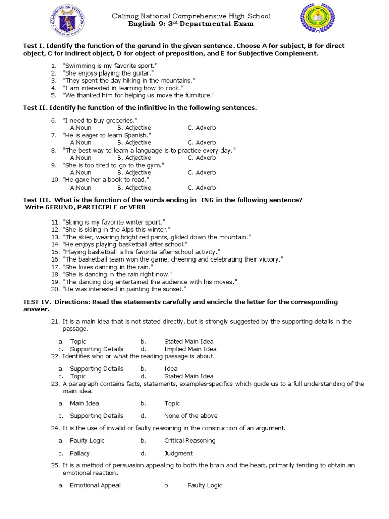 Calinog National Comprehensive HS English Exam | PDF | Characters In ...