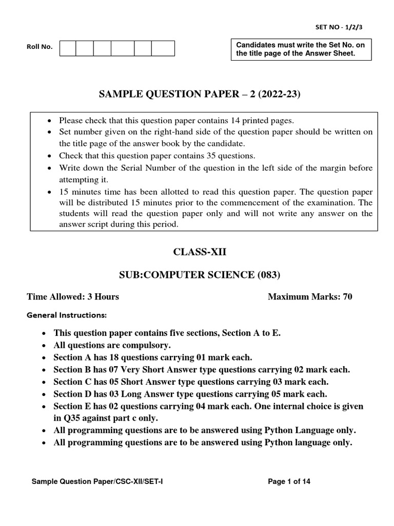Sample Question Paper - 2 (2022-23) : Set No Roll No | PDF | Information Technology Management ...