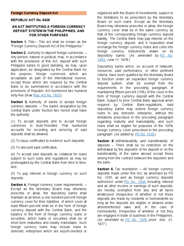 Foreign Currency Deposit Act Overview | PDF | Banks | Deposit Account