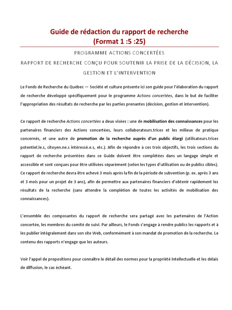Guide de Redaction Du Rapport de Recherche Format 1 5 25 | PDF ...