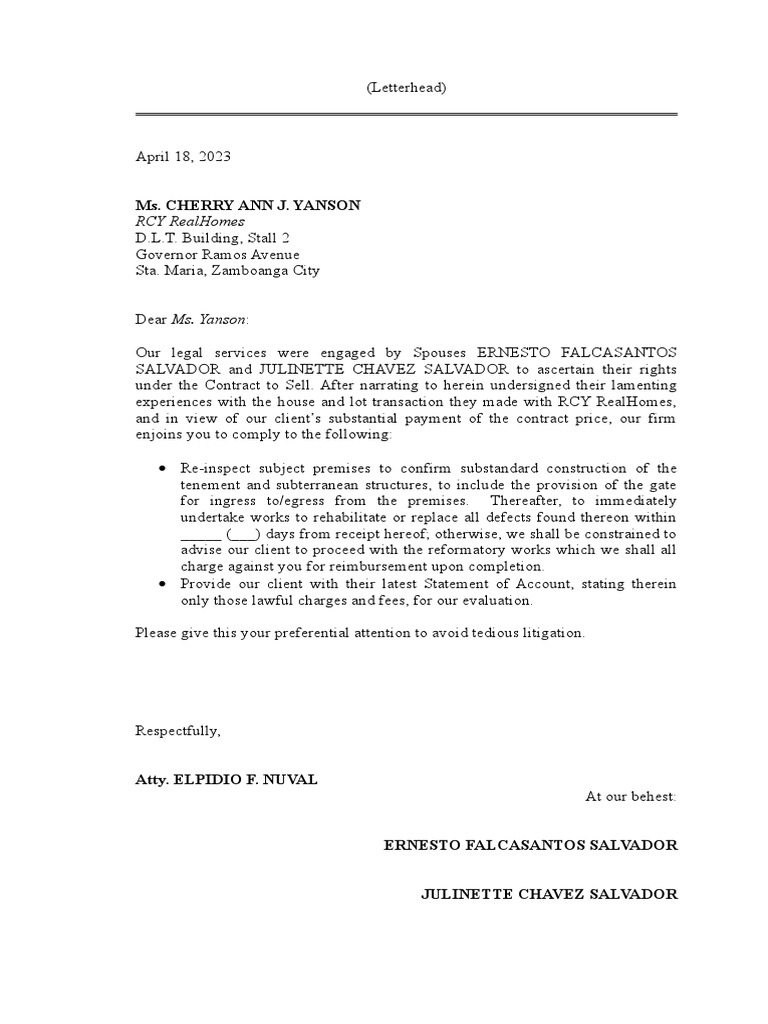 Demand Letter To Cherry Ann Yanson For Julinette Salvador | PDF
