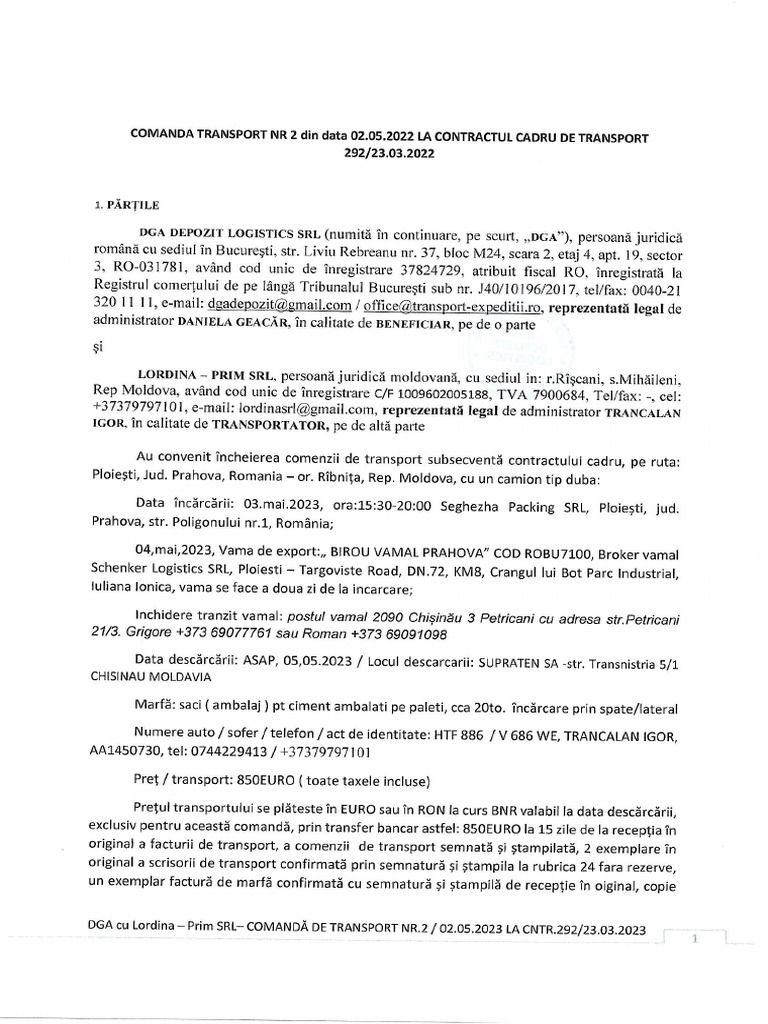 COMANDA TRANSPORT NR 2 din 02.05.2023 la contractul 292 - LORDINA PRIM ...