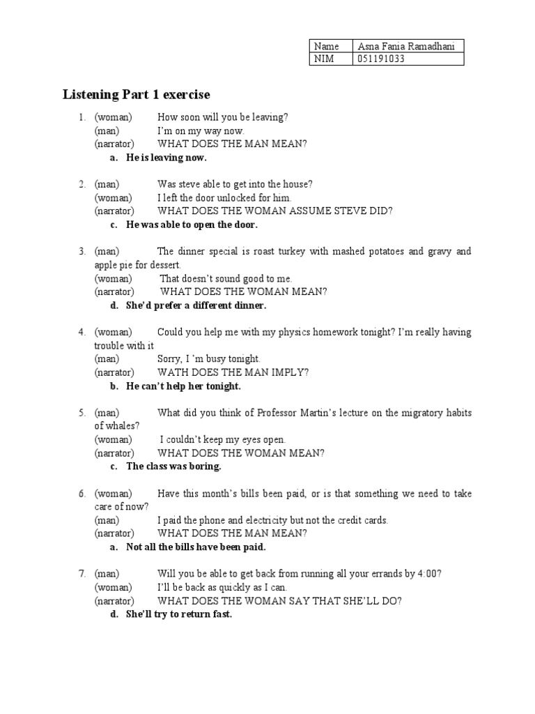 Listening Part 1 Exercise Pdf