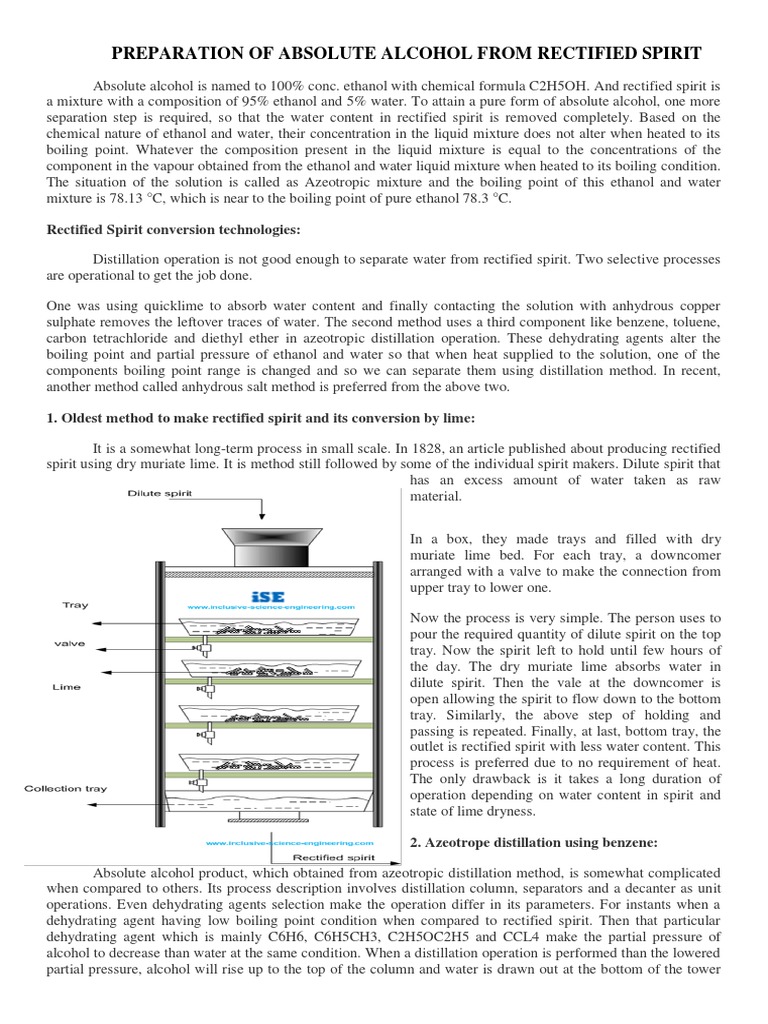 Absolute Alcohol from Rectified Spirit | PDF | Ethanol | Distillation