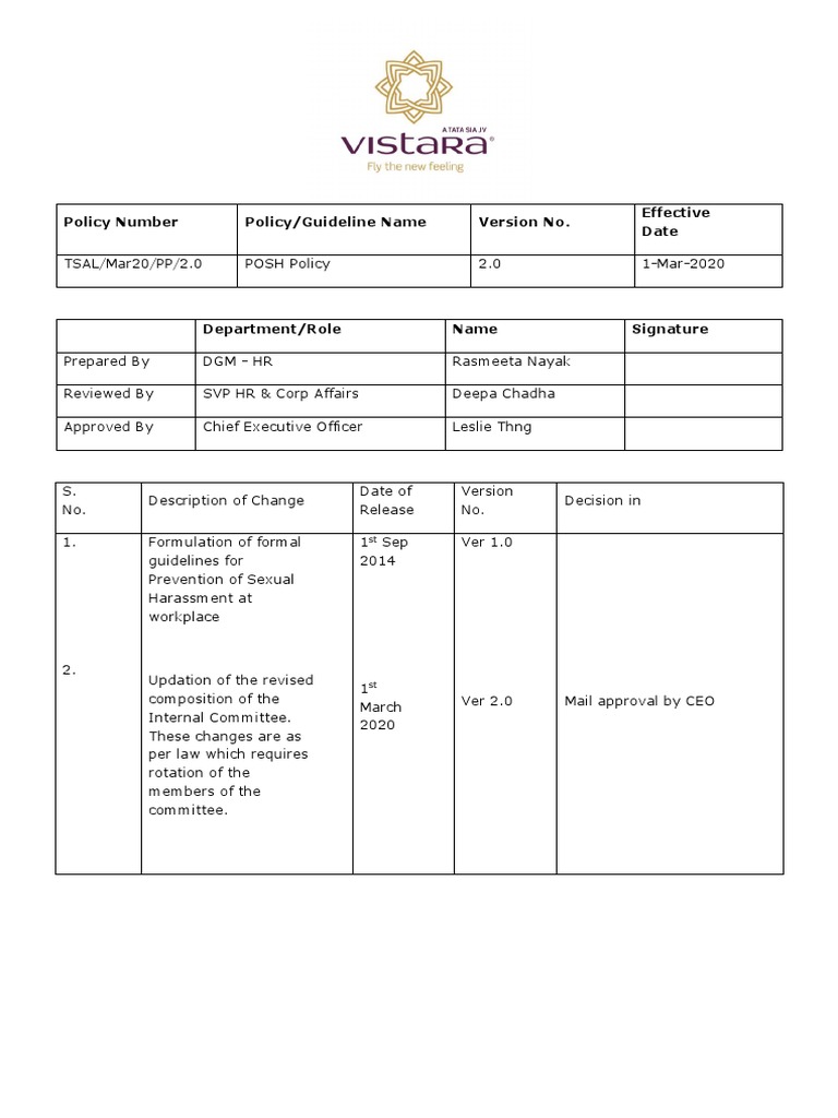 Vistara - POSH Policy - Ver2.0 PDF | PDF | Sexual Harassment | Employment