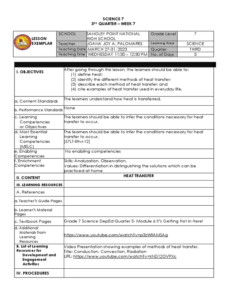 G7 Science Q3 Cot1 - Week7 - Heat Transfer | PDF | Heat Transfer | Heat