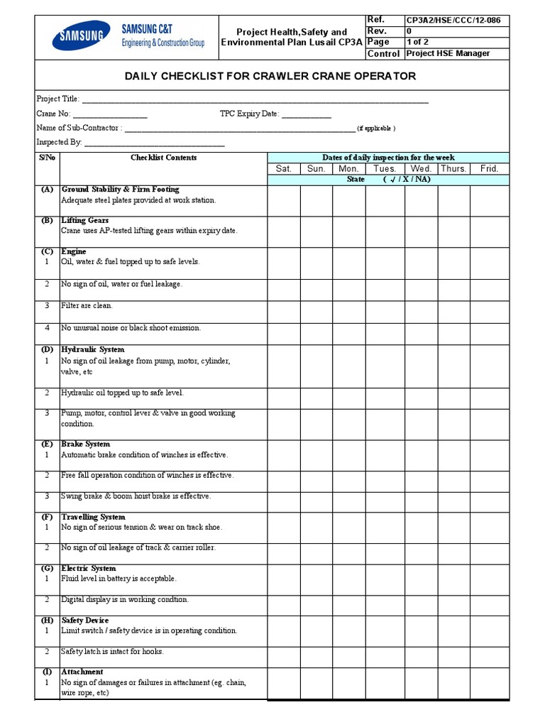 Daily Crawler Crane Operator Checklist | PDF