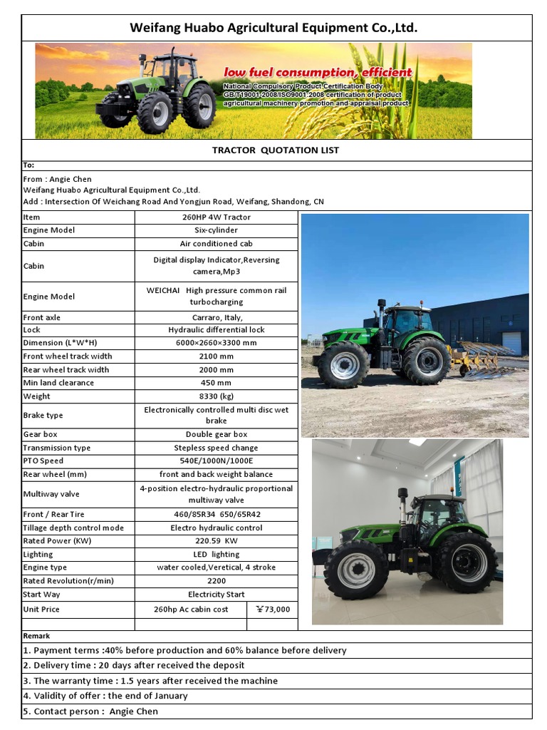 260hp ac cabin Huabo Quotation Tractor | PDF