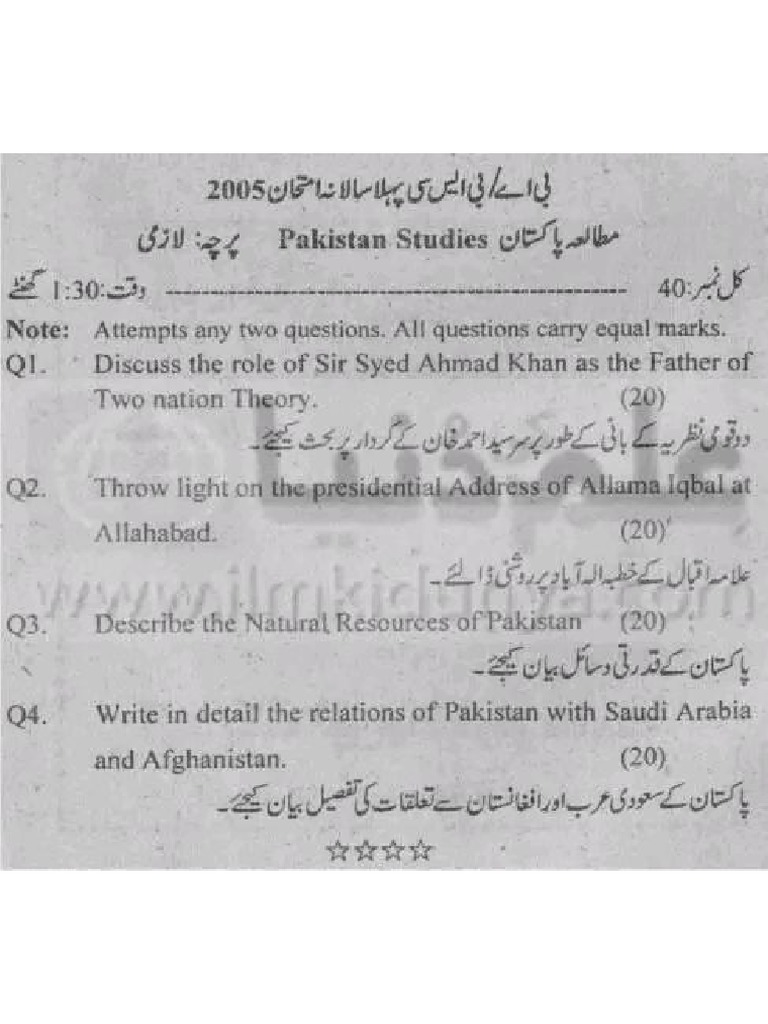 Pak Studies Unsolved Past Papers PDF | PDF