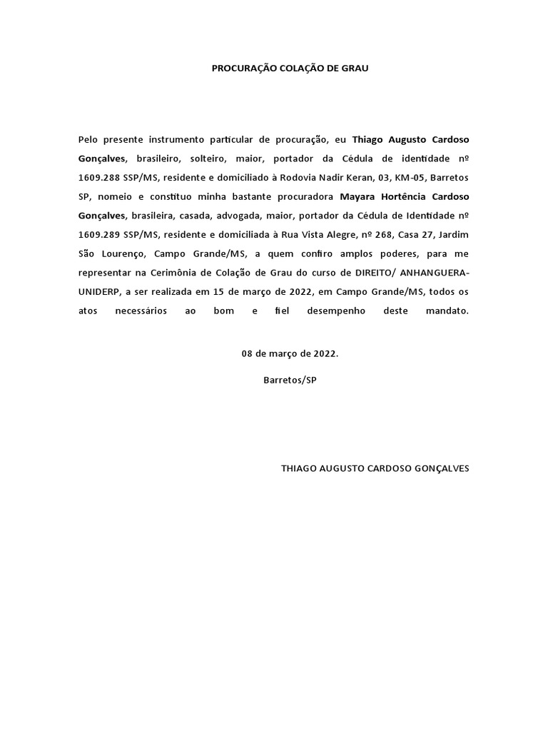PROCURAÇÃO COLAÇÃO DE GRAU | PDF