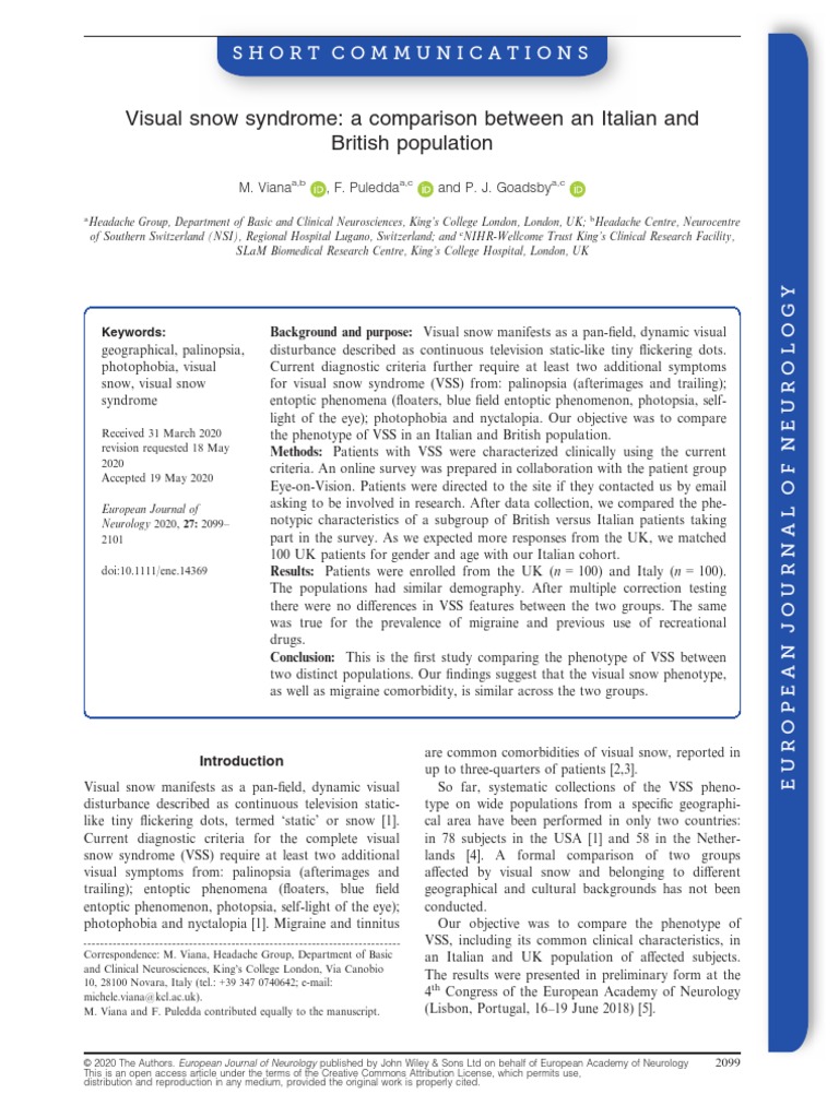 Euro J of Neurology - 2020 - Viana - Visual Snow Syndrome A Comparison ...