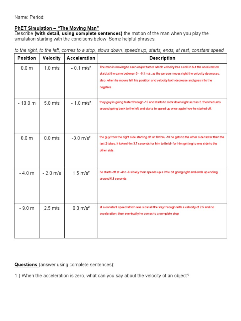 PHET Moving Man Worksheet-1 2.15.23 | PDF | Velocity | Acceleration