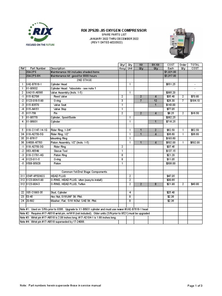 RIX 2PS2B-.85 Oxygen Compressor | PDF | Piston | Propulsion
