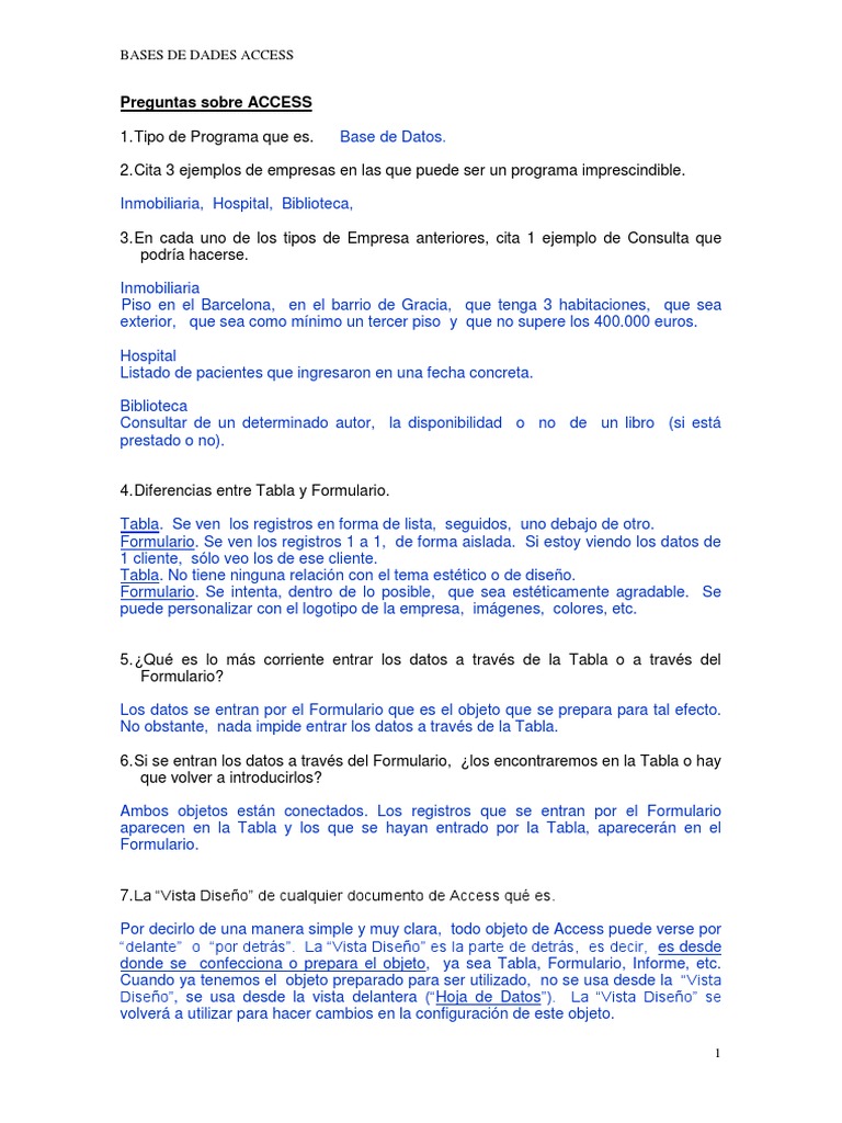 Solución Preguntas Sobre ACCESS PDF | PDF | Bases de datos