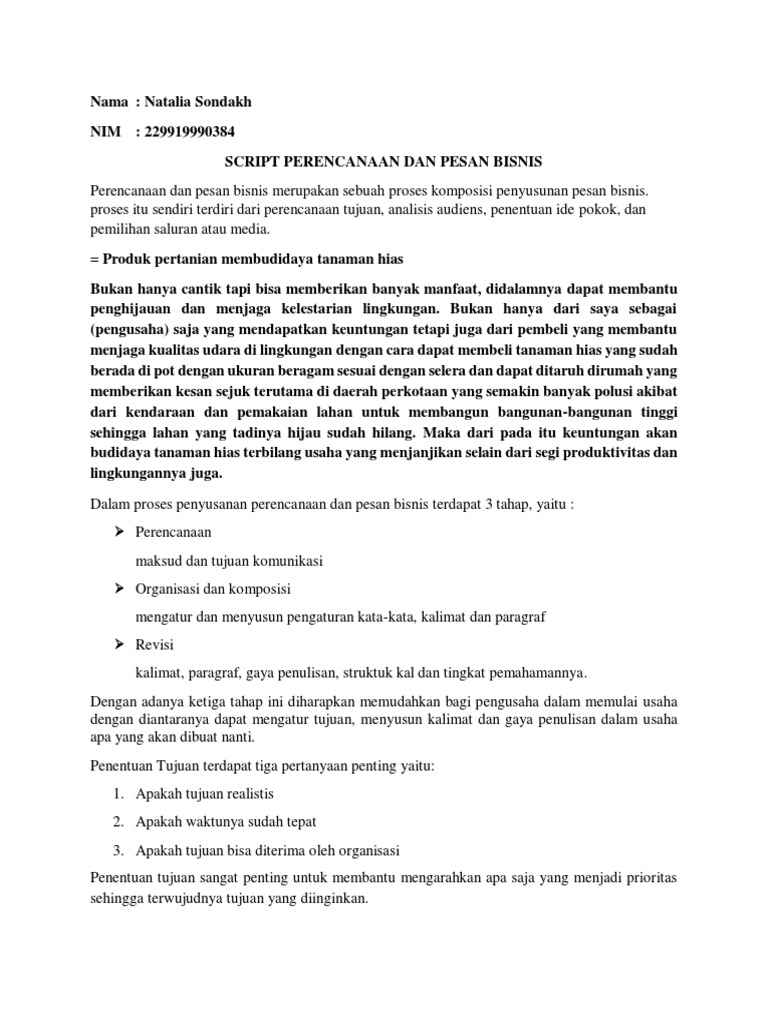 Tugas Script Perencanaan Dan Pesan Bisnis | PDF | Karier & Perkembangan