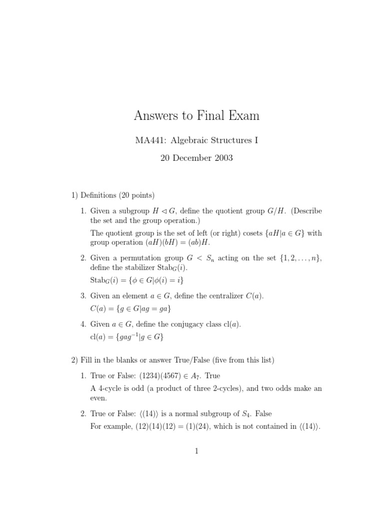 Answers To Final Exam Ma441 Algebraic Structures I 20 December 2003