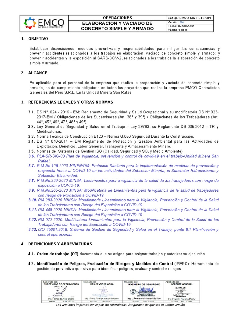 EMCO-SIG-PETS-004 ELABORACION Y VACIADO DE CONCRETO SIMPLE Y ARMADO Ver ...