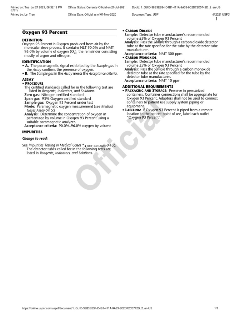 USP Oxygen 93 Percent | PDF | Oxygen | Gases