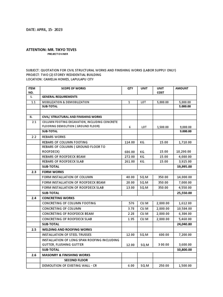 Quotation For Lapulapu | PDF | Wall | Demolition