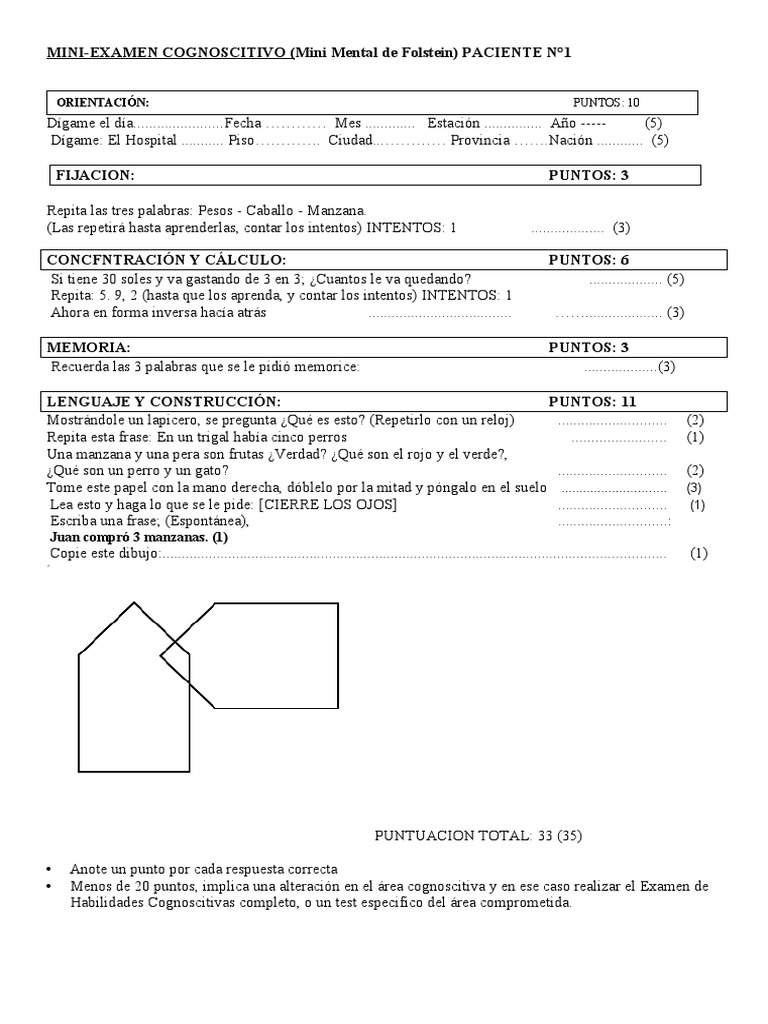 Mini Examen Cognoscitivo (Mini Mental de Folsteins) | PDF