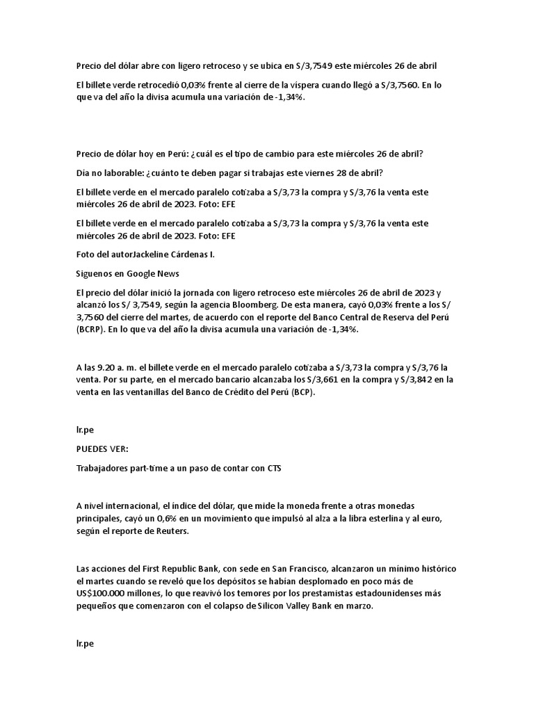 Precio Del Dólar Abre Con Ligero Retroceso Y Se Ubica En S Pdf
