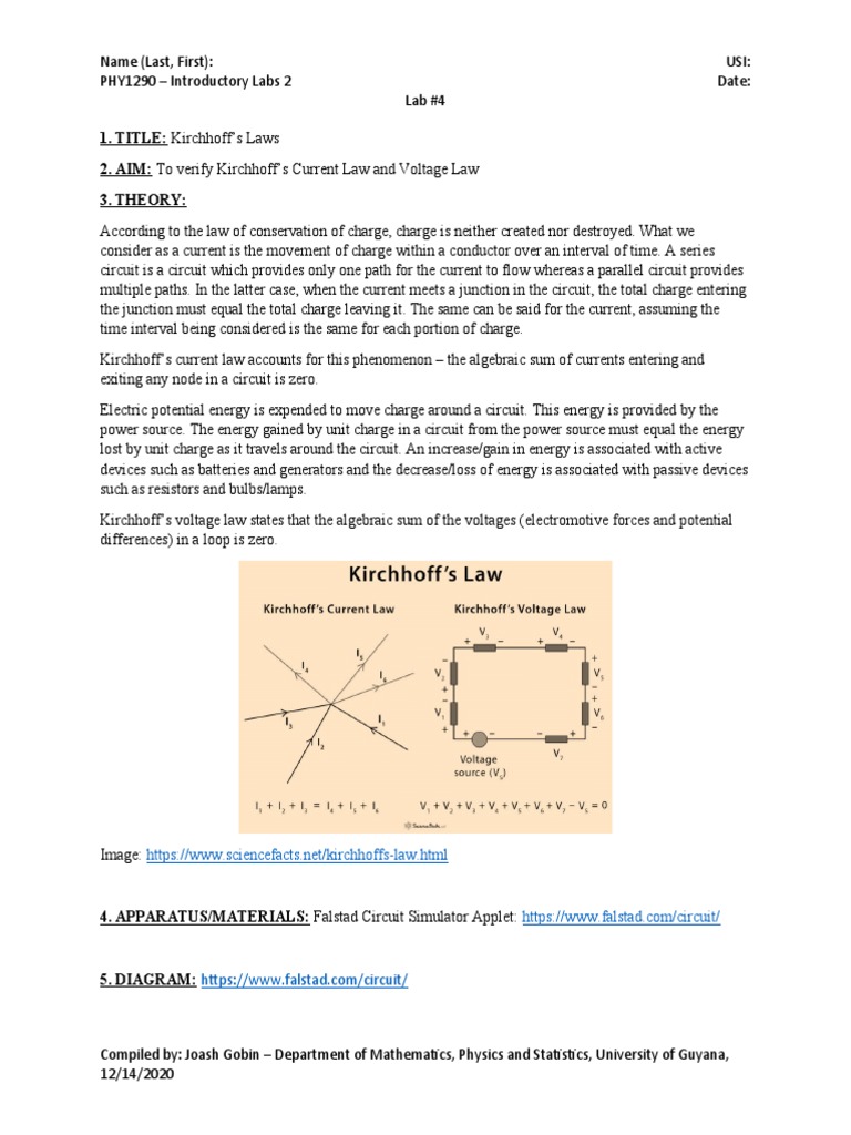 Lab 4 - Kirchhoffs Laws | PDF | Voltage | Electrical Network
