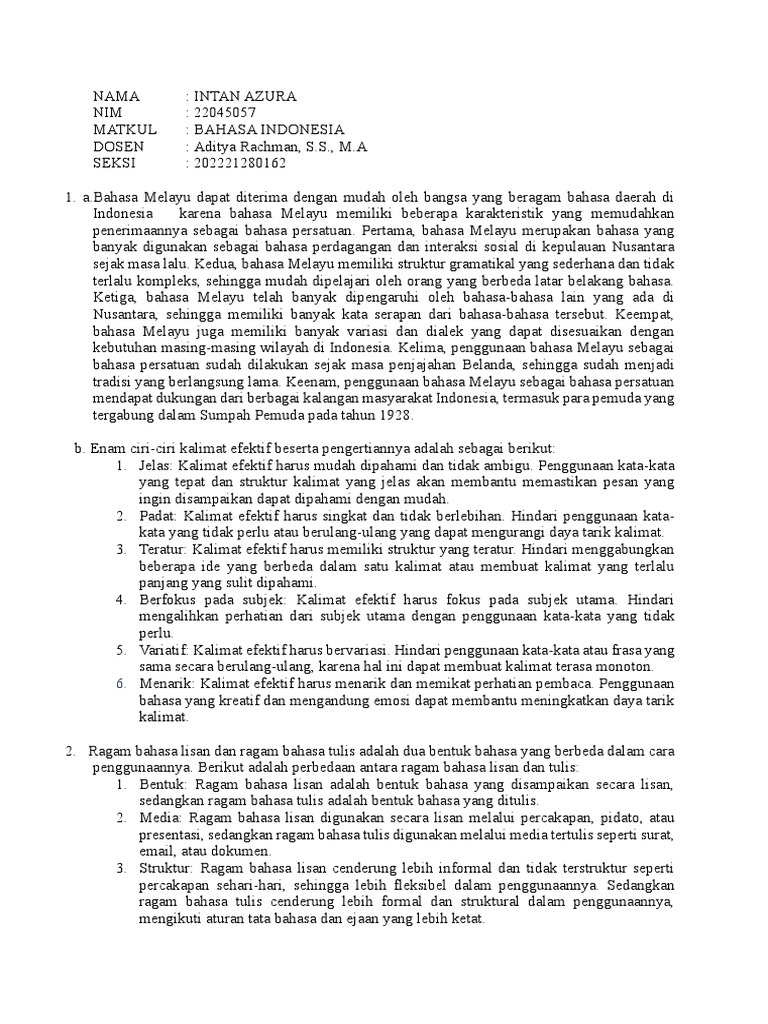 Intan Azura - Uts Bahasa Indonesia | PDF