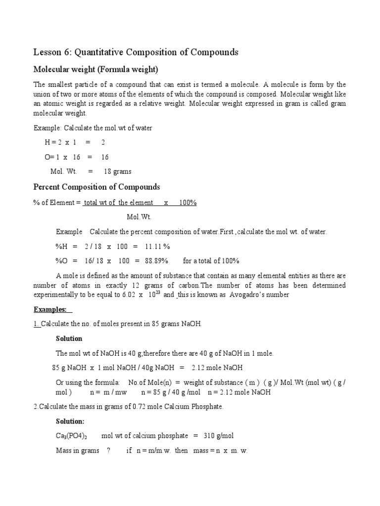 Quantitative Composition Of Compounds Pdf Mole Unit Molecules
