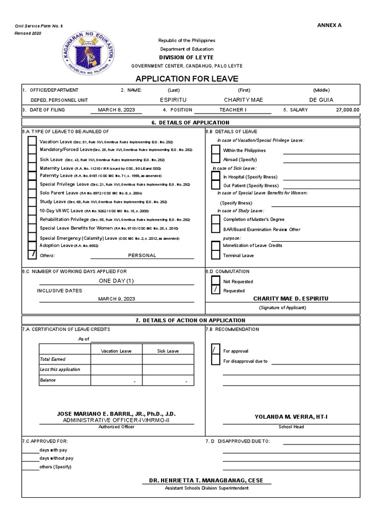 LEAVE FORM REVISED 2020 For Teacher 5 Days Leave or More - 093623 | PDF
