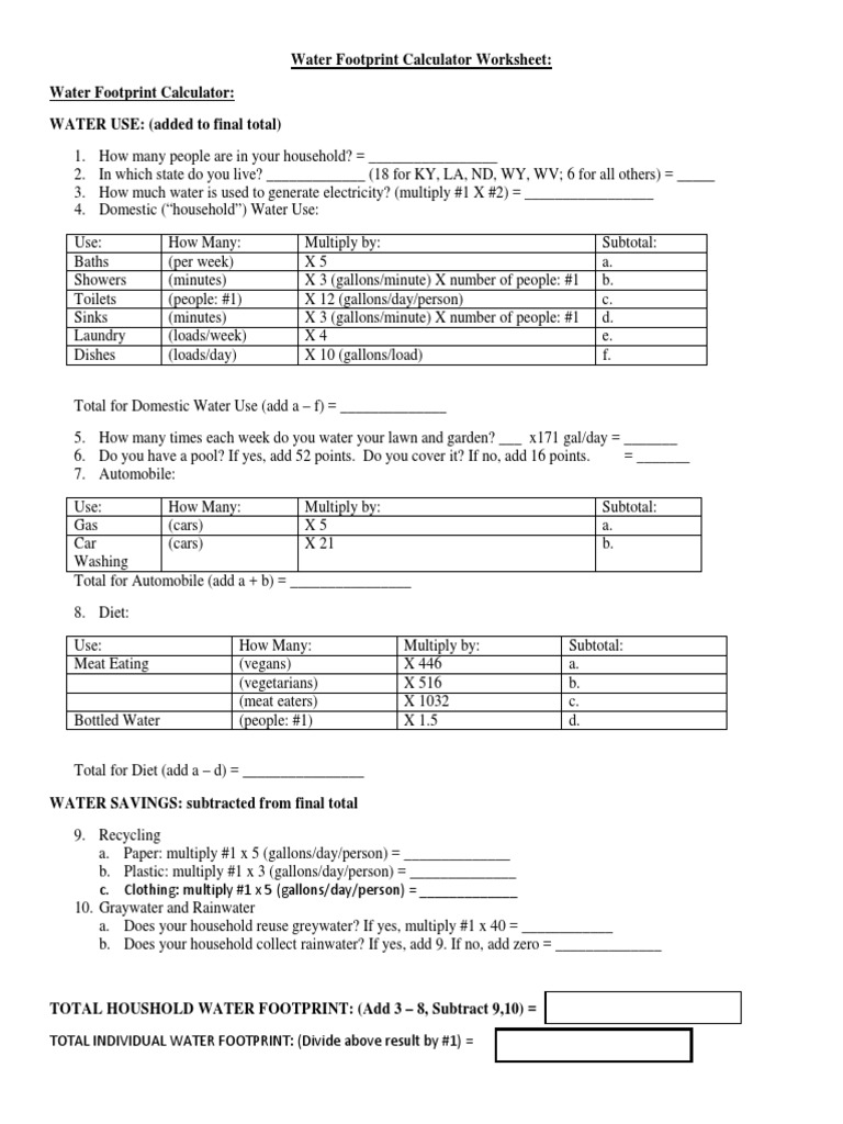 Water Footprint Calculator Worksheet | PDF | Water | Food And Drink