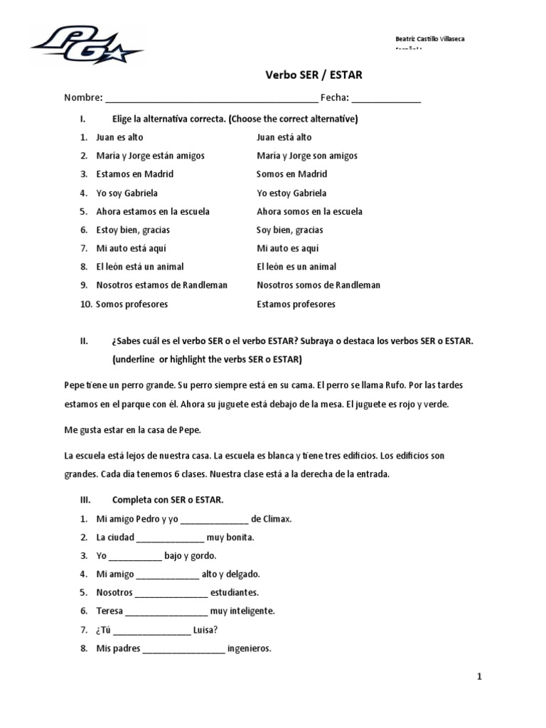 Uso de los verbos SER y ESTAR en español | PDF | Artes del Lenguaje y ...