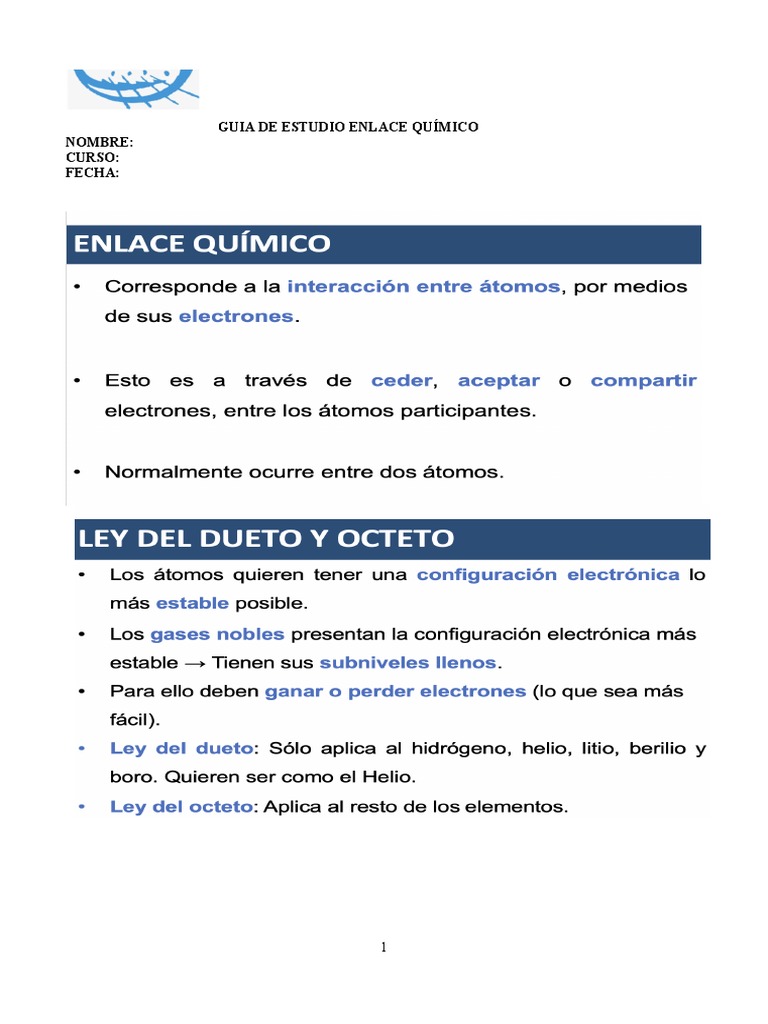 Guia De Ejercicios Enlace Quimico 1 Mediobhhh Pdf