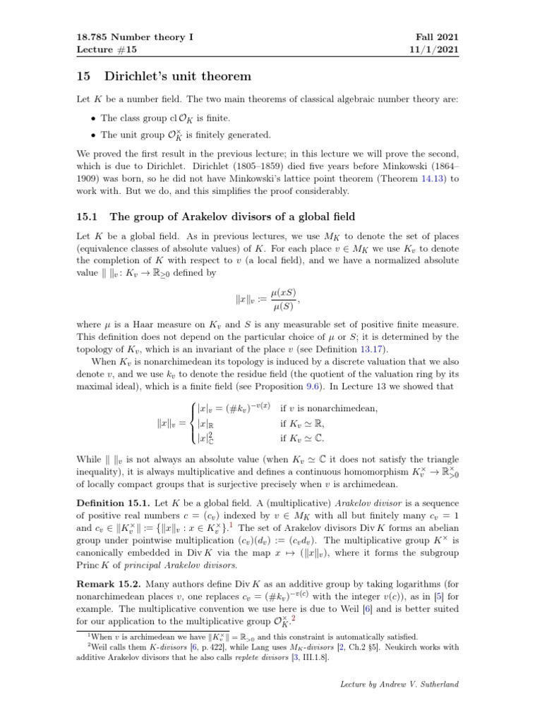 Dirichlet's Unit Theorem PDF | PDF | Field (Mathematics) | Group ...