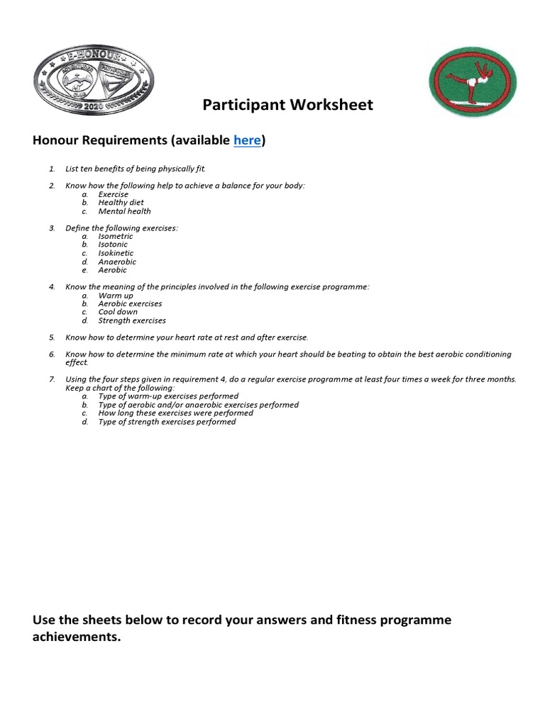 Physical Fitness Pathfinder Honour Worksheet PDF | Download Free PDF ...