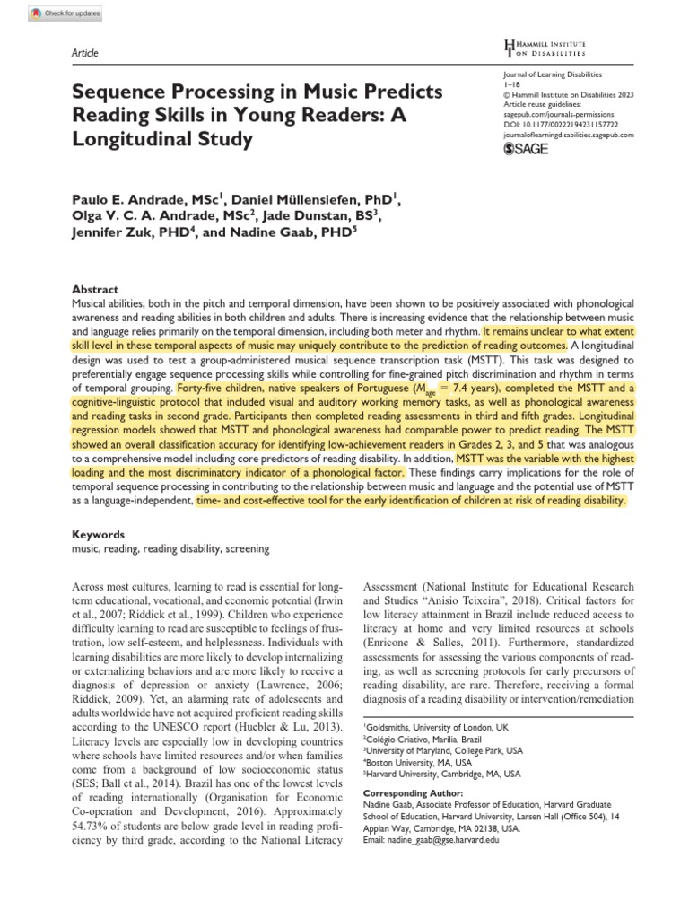 Sequence Processing in Music Predicts Reading Skills in Young Readers A ...