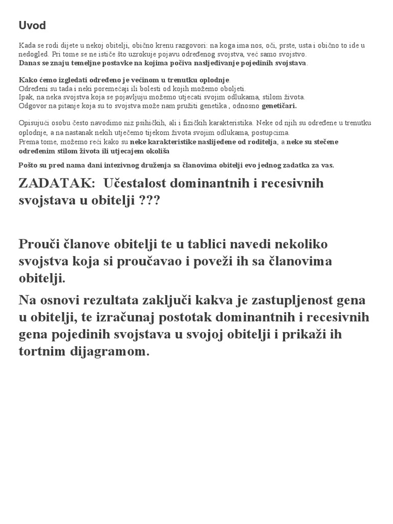 Projektni Zadatak o Svojstvima U Obitelji 8 Razred | PDF