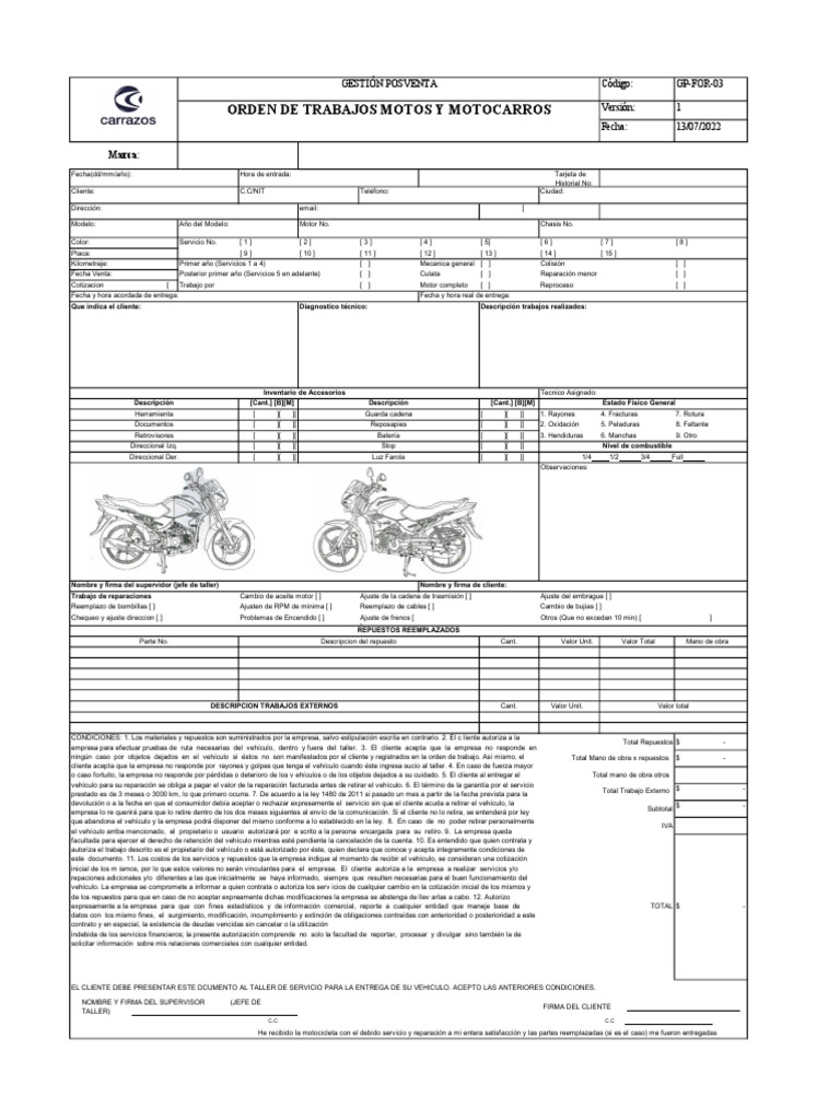 Orden de Trabajos Motos y Motocarros GP FOR 03 | PDF | Vehículo de motor | Vehículos